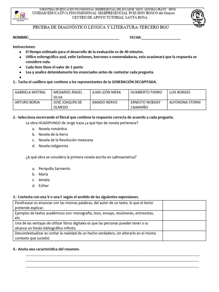 Prueba de Diagnostico Segundo y Tercero BGU LENGUA 2019 | PDF | Poesía ...