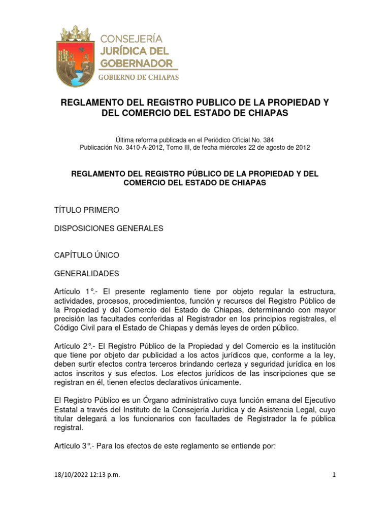 Reglamento Del Registro Publico de La Propiedad y Del Comercio Del Estado de Chiapas | PDF ...
