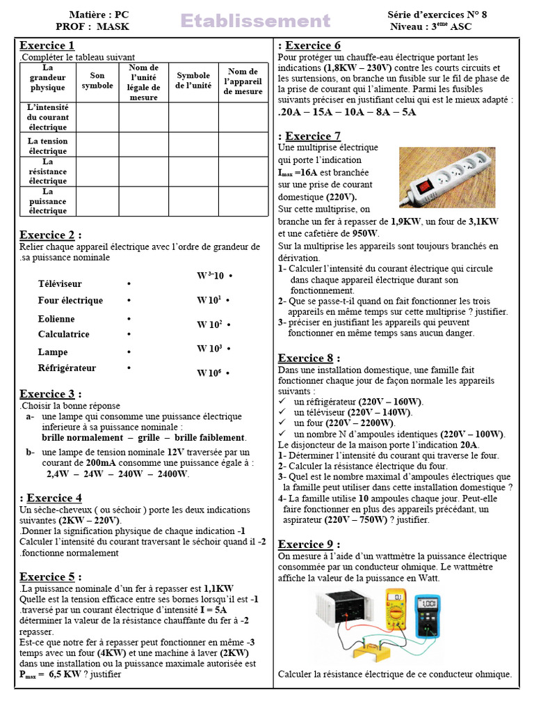 Puissance Électrique : Exercices 3AC | PDF | Puissance (physique ...