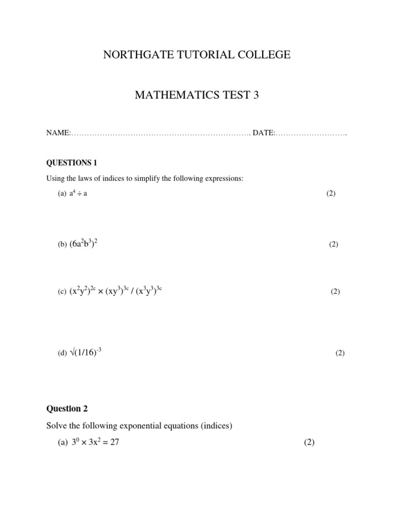 NORTHGATE TUTORIAL COLLEGE Math Test 3 | PDF