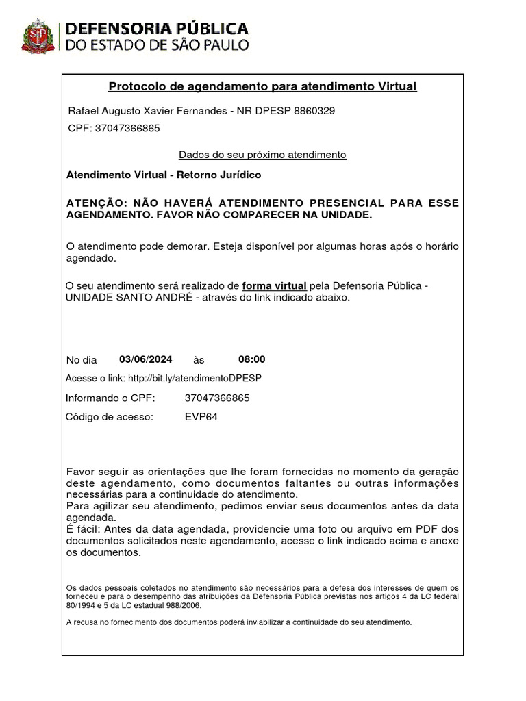 Protocolo de Agendamento Virtual | PDF