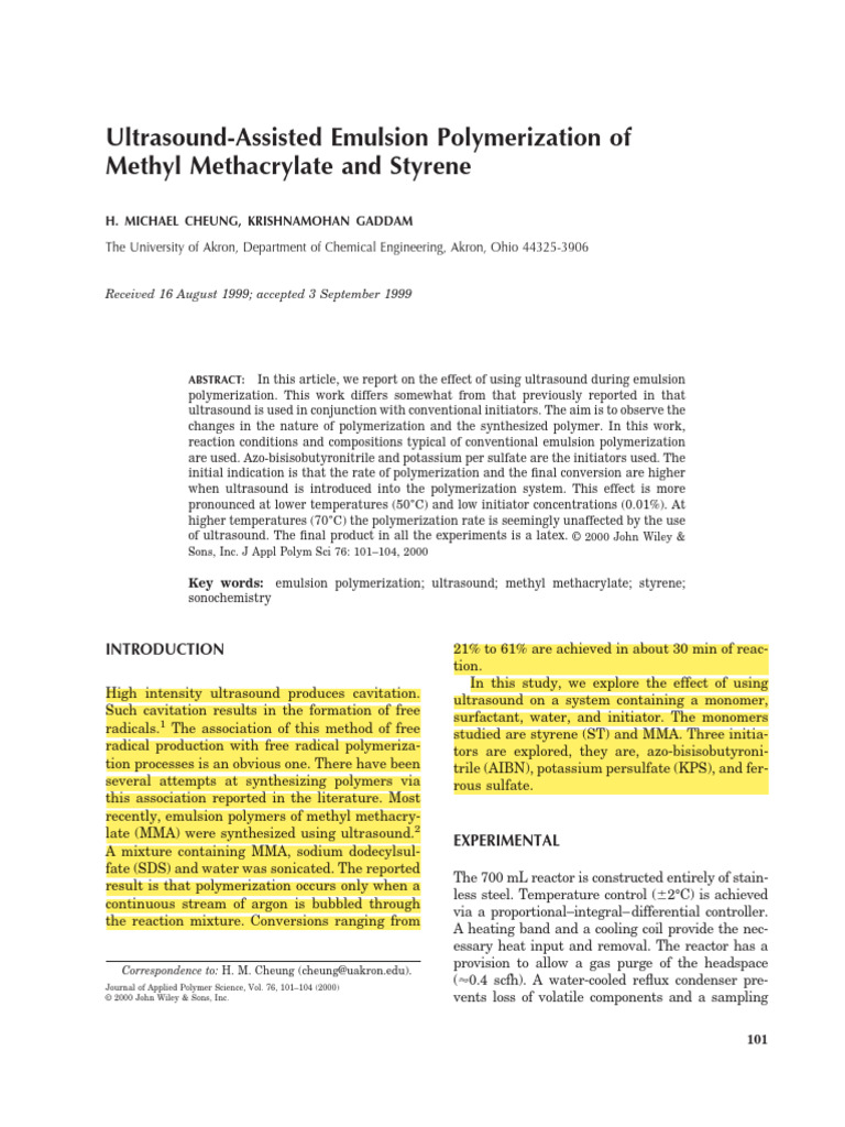 Ultrasound in Emulsion Polymerization | PDF | Polymerization | Physical ...
