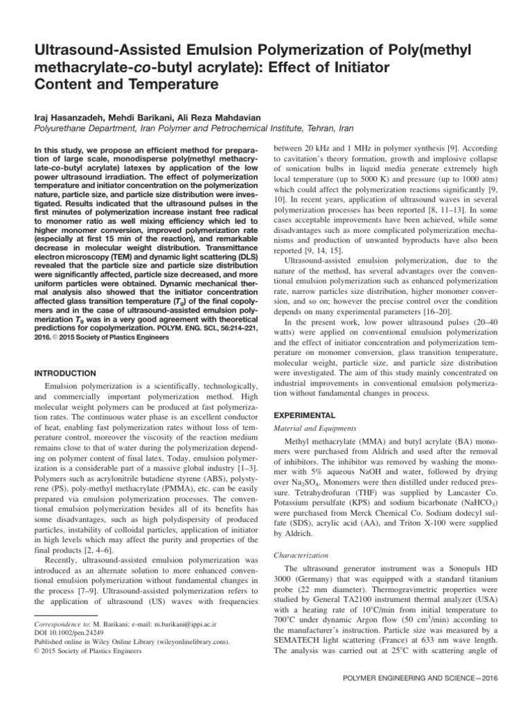Polymer Engineering Sci - 2015 - Hasanzadeh - Ultrasound Assisted ...