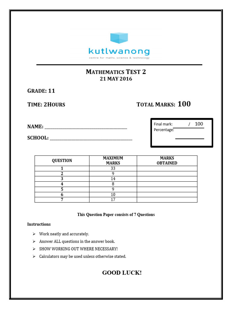 Grade 11 Term 2 Maths Test Paper | PDF | Quadratic Equation | Asymptote