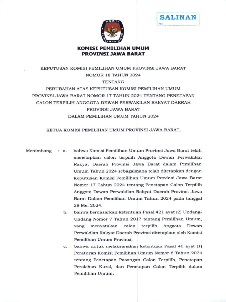 Salinan SK KPU Jawa Barat Nomor 18 Tahun 2024 Tentan Perubahan SK 17 Tahun 2024 | PDF
