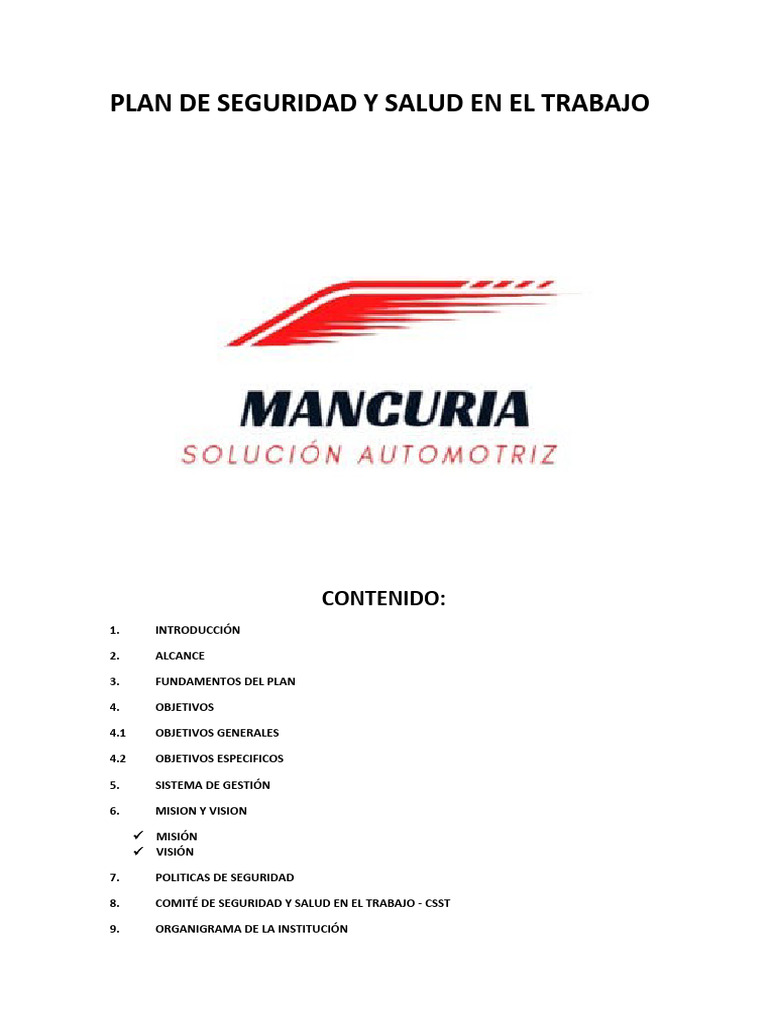 Plan de Seguridad y Salud en El Trabajo Mancuria | PDF | Seguridad y salud ocupacional | La ...