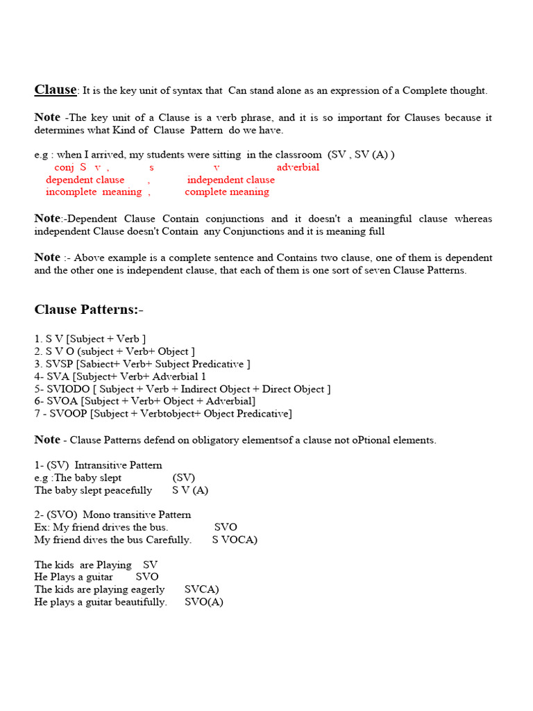 Understanding Clause Patterns and Elements | PDF | Verb | Noun
