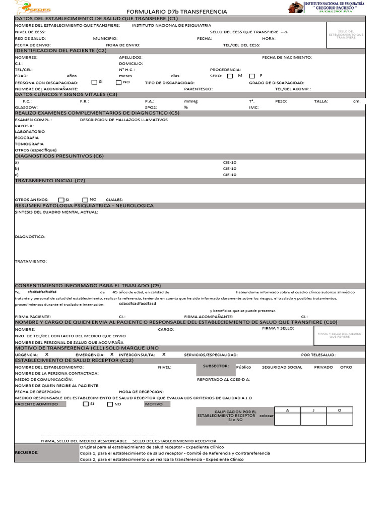 FORMULARIO D7b TRANSFERENCIA | PDF | Cuidado de la salud | Medicina CLINICA