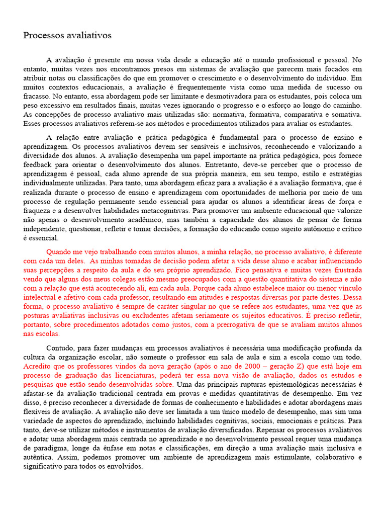 Processos Avaliativos | Download grátis PDF | Pedagogia | Aprendizado
