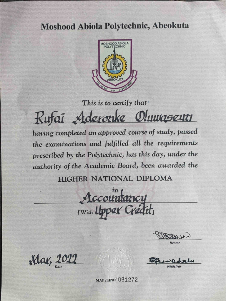 RUFAI ADERONKE OLUWASEUN HND CERTIFICATE | PDF