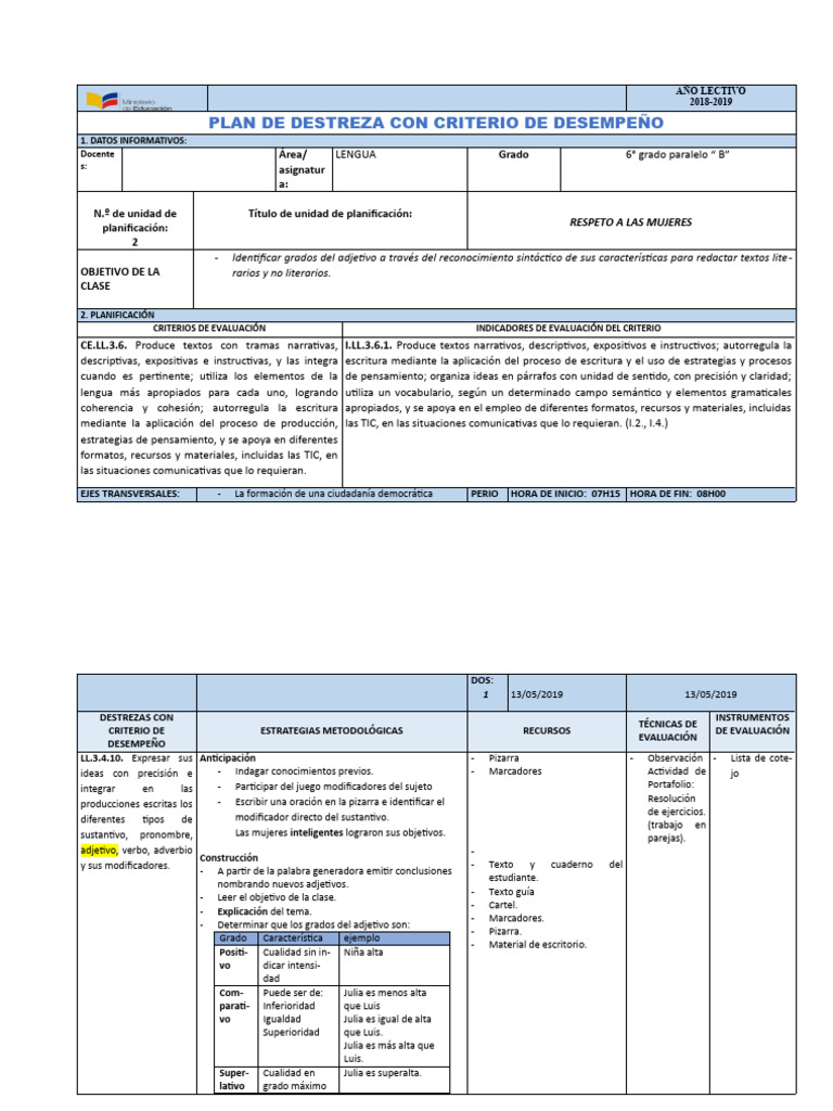 Modelo de Plan Completo | PDF | Adjetivo | Evaluación