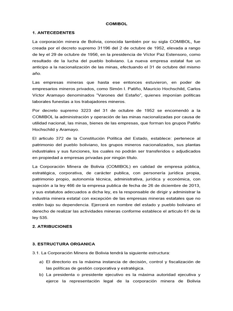 Qué es COMIBOL: Historia y Estructura | PDF | Bolivia | Corporaciones
