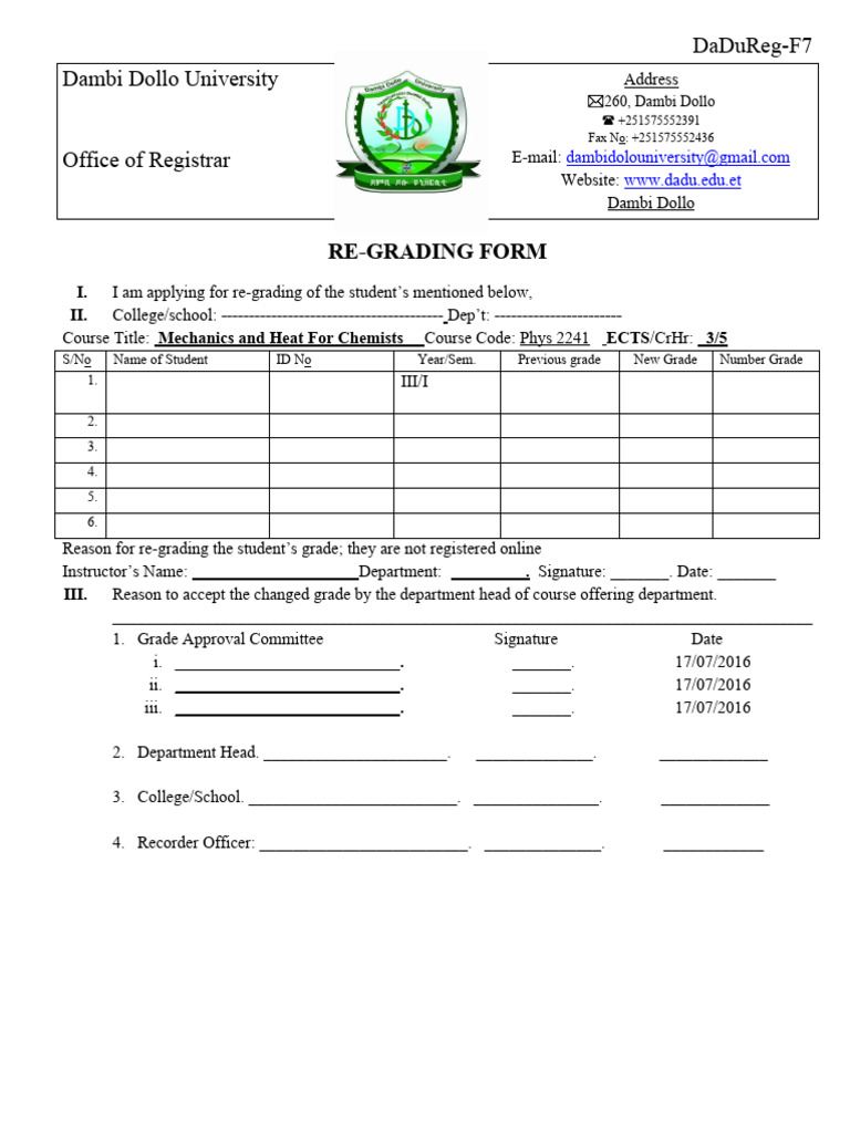 Re-Grading Form for Phys 2241 | PDF | Career & Growth