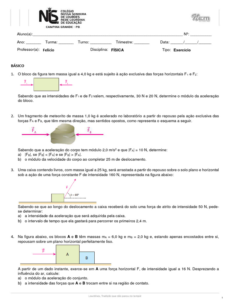 Atividades 01 - AplicaÃ Ã o Das Leis de Newton | PDF | Massa | Atrito