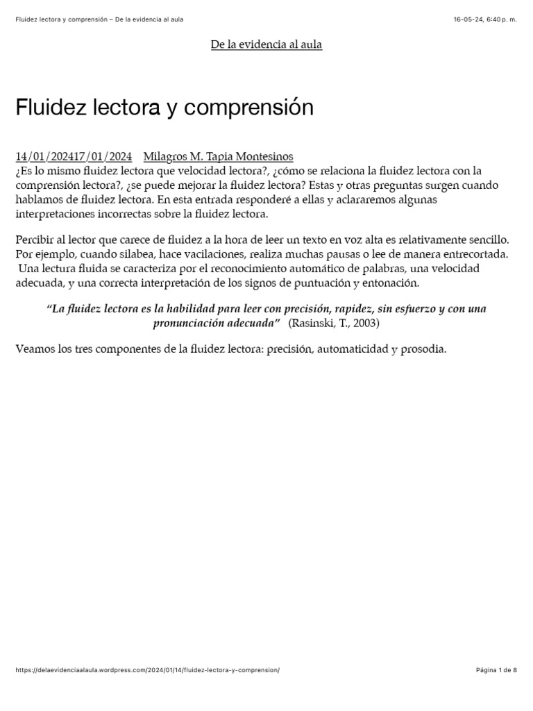 Fluidez Lectora y Comprensión en el Aula | PDF | Comprensión lectora ...
