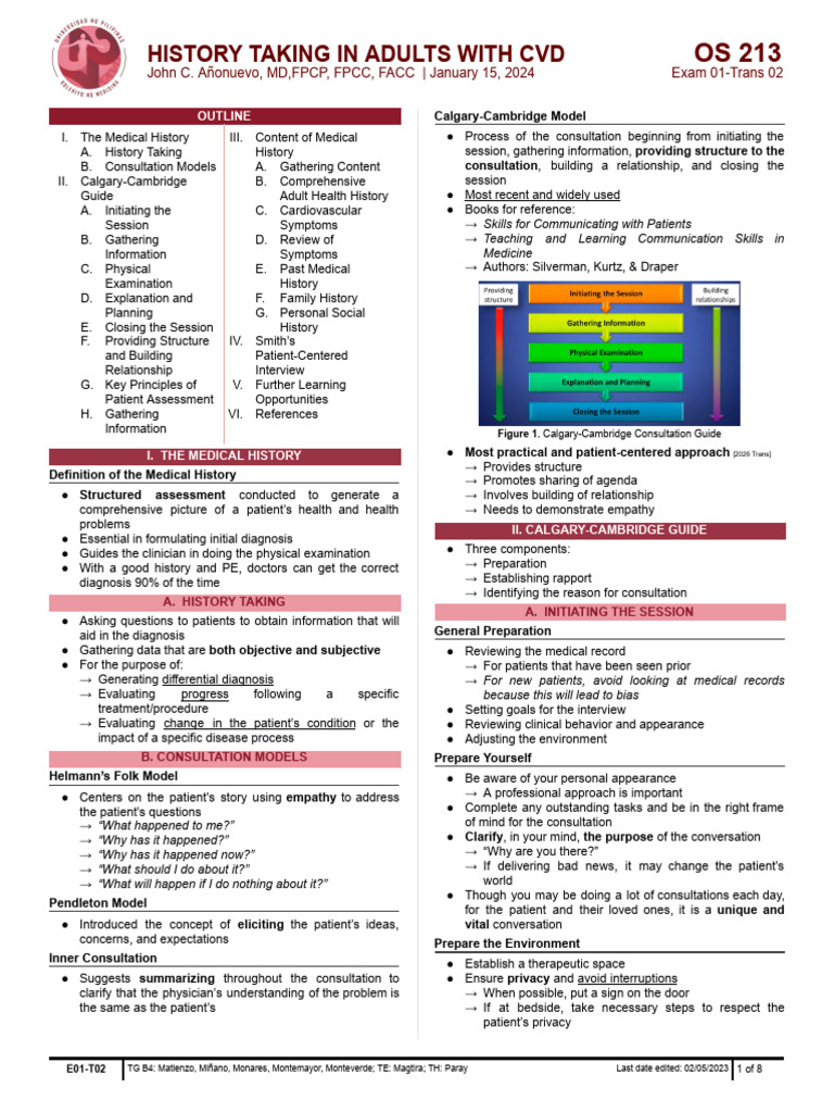 [OS 213 Cardio B] E01-T02-History Taking in Adults With CVD | Download Free PDF | Medical ...