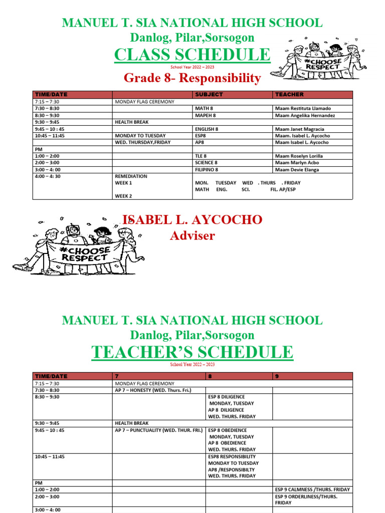 Grade 8 Class Schedule 2022-2023 | PDF