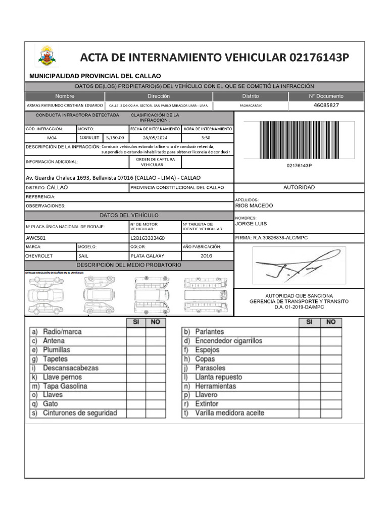Acta de Internamiento Vehicular | PDF