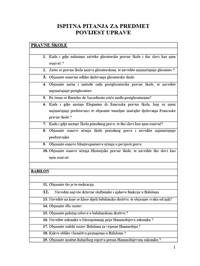 Ispitna Pitanja Za Predmet Povijest Uprave: Pravne Škole | PDF