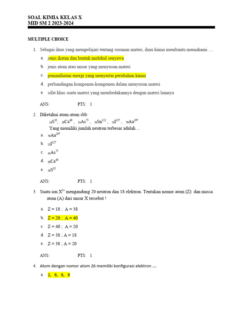 Soal Kimia PTS X 2023-2024 | PDF | Sains & Matematika