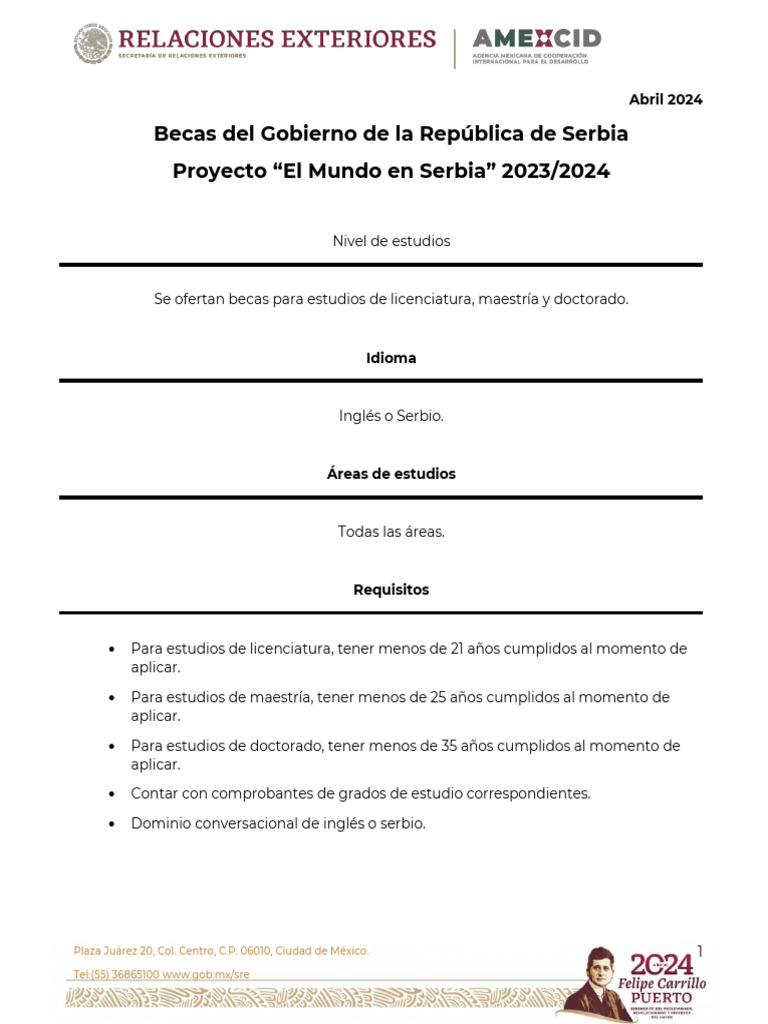 Becas Del Gobierno de La Rep Blica de Serbia - Proyecto El Mundo de Serbia 23-24 | PDF