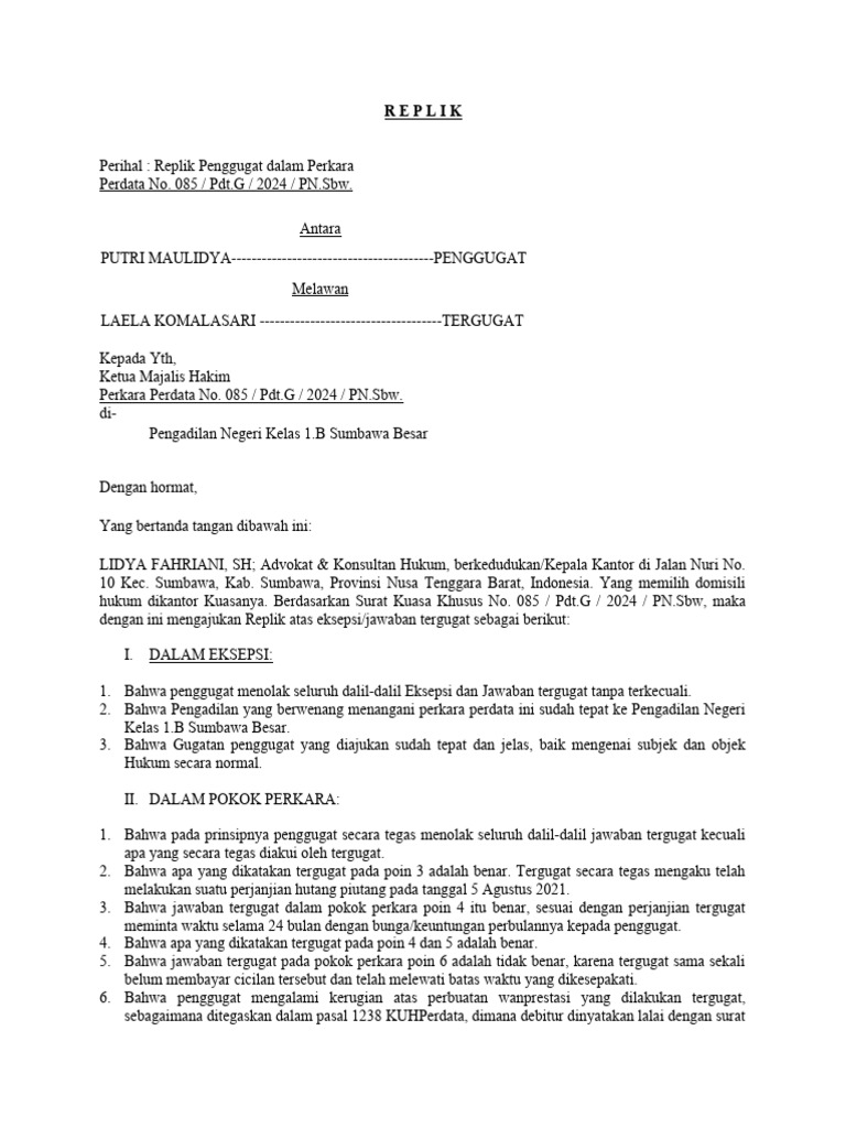 Replik Penggugat | PDF | Politik | Hukum