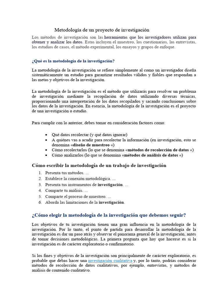 Metodología de un proyecto de investigación | PDF | Muestreo ...