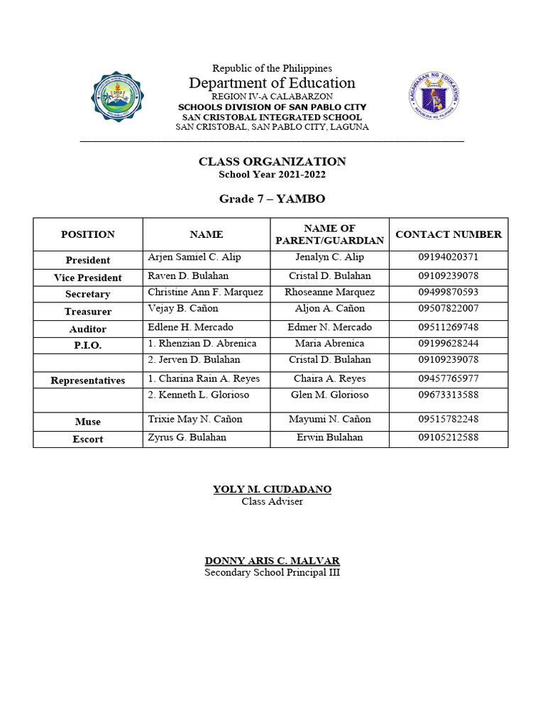 GRADE 7 YAMBO - Class-Organization | PDF