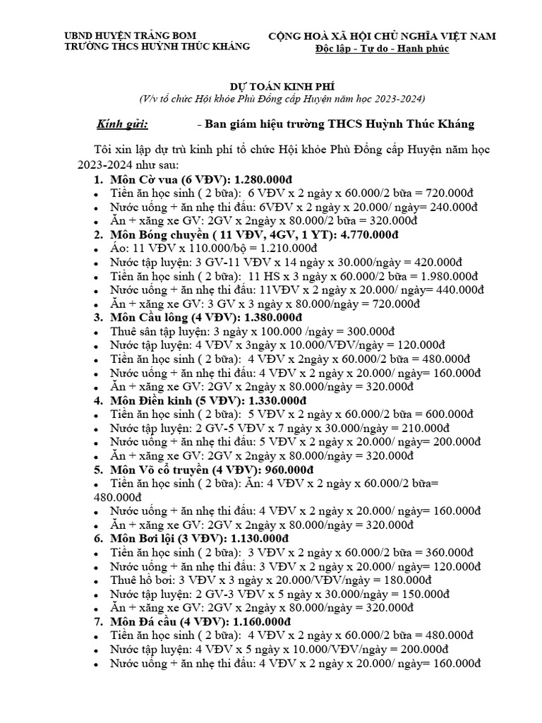 DỰ trù kinh phí hkpd huyện 2024 HTK | PDF