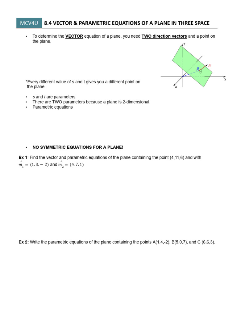 8.4 Vector and Parametric Equations of A Plane in 3 Space | PDF | Teaching Methods & Materials ...