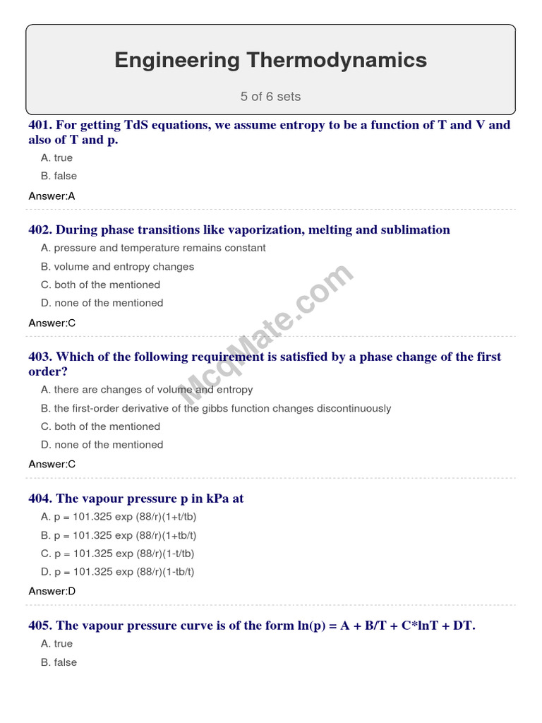 Engineering Thermodynamics MCQs Guide | PDF | Humidity | Water Vapor