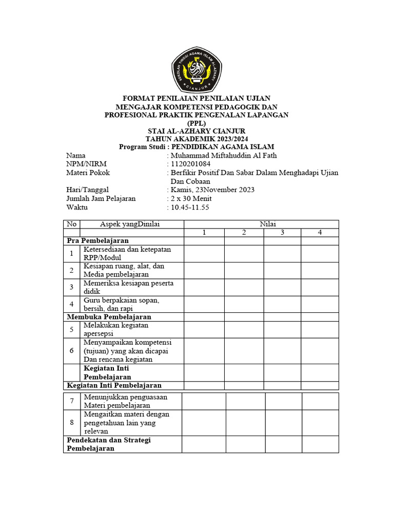 Format Penilaian Penilaian Ujian Mengajar Kompetensi Pedagogik Dan Profesional Praktik ...