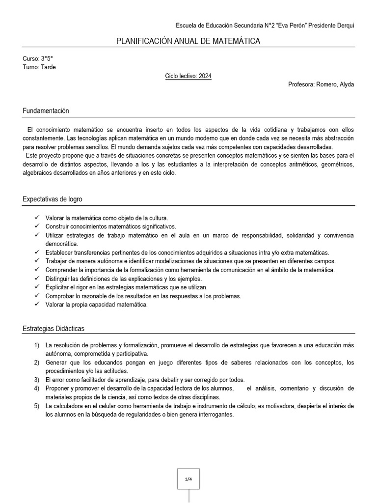 PLANIFICACION Matematica 3er Año | PDF | Ecuaciones | Números
