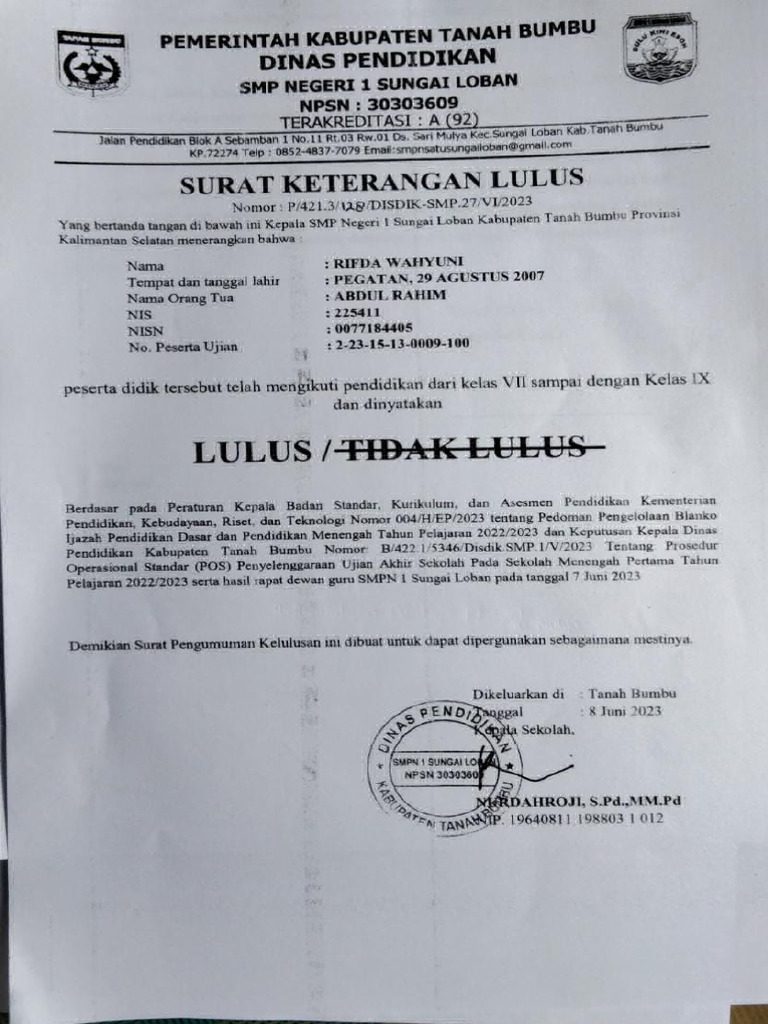 Surat Keterangan Lulus | PDF
