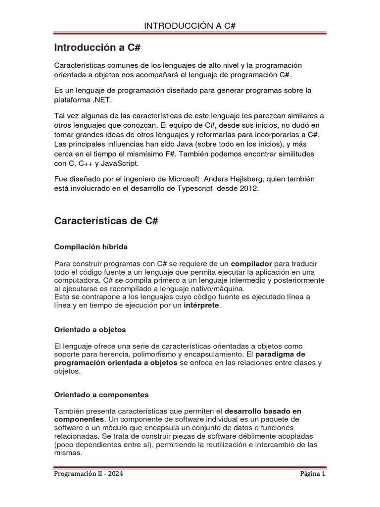 Unidad I - Introduccion a C (1) | PDF | C Sharp (lenguaje de programación) | Lenguaje de ...