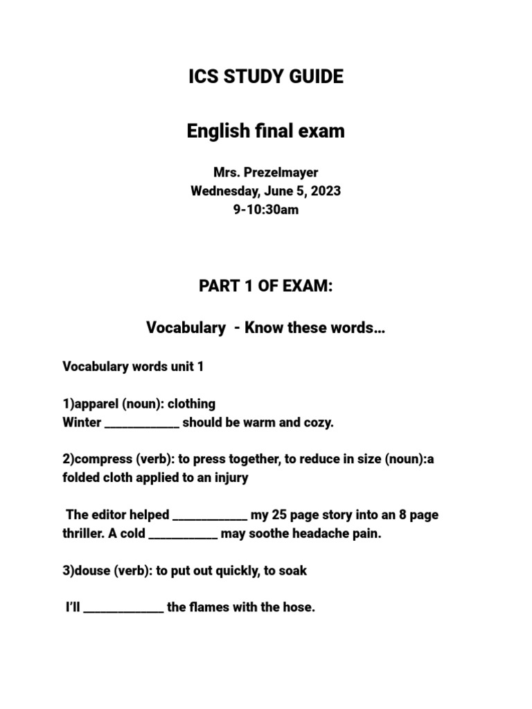 STUDY GUIDE_ 6th Grade English Final Exam 2024 | PDF | Question
