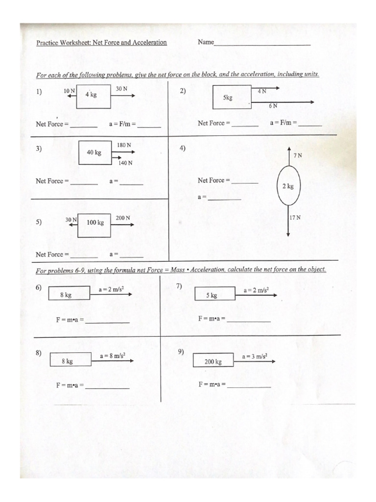 Practice Worksheet Net Force and Acceleration | PDF