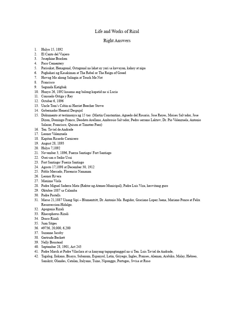 Life and Works of Rizal Answer Key | PDF