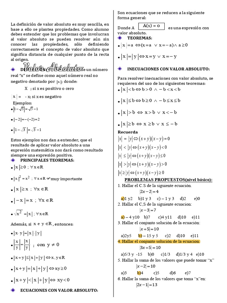 Definición y Propiedades del Valor Absoluto | PDF | Números | Aritmética