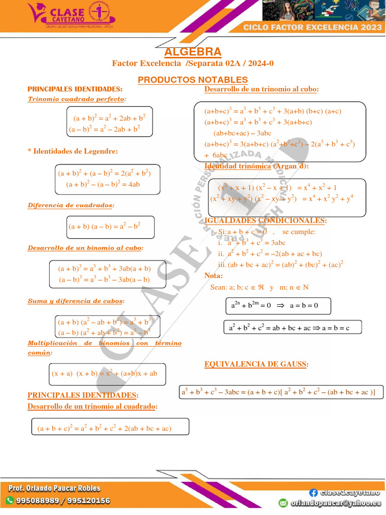 Separata 02a Tema Productos Notables Algebra 2024-0 | PDF | Álgebra