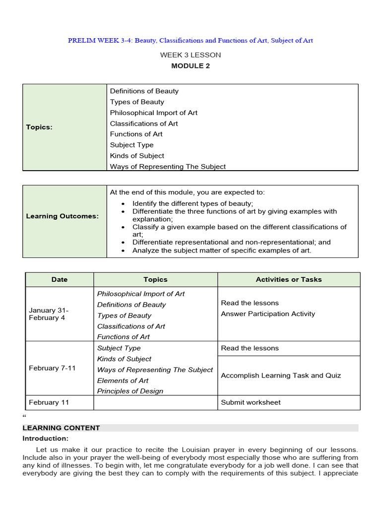 ARTS - 1013 Prelim Week 3 4beauty Classifications and Functions of Art Subject of Art | PDF ...