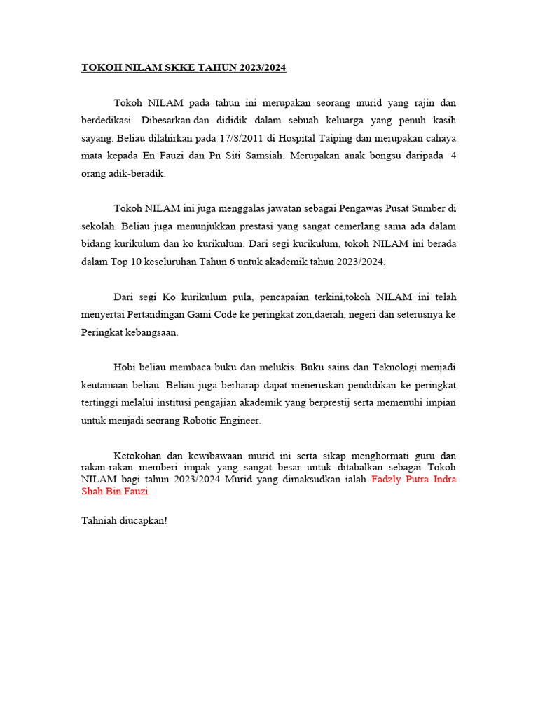 Biodata Tokoh Nilam Skke 2023 2024 | PDF