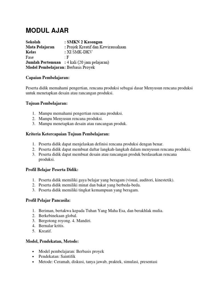 Modul Ajar PKK_Rencana Produksi | PDF