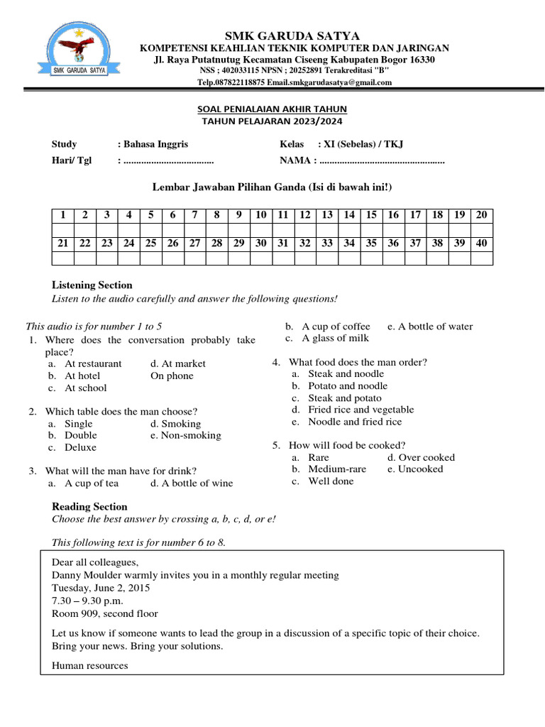 Soal Pat B. Ing Xi 23-24 Smkgs | PDF | Bees