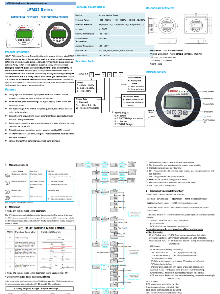 LFM33 Differential Pressure Transmitter | PDF | Pascal (Unit) | Pressure Measurement