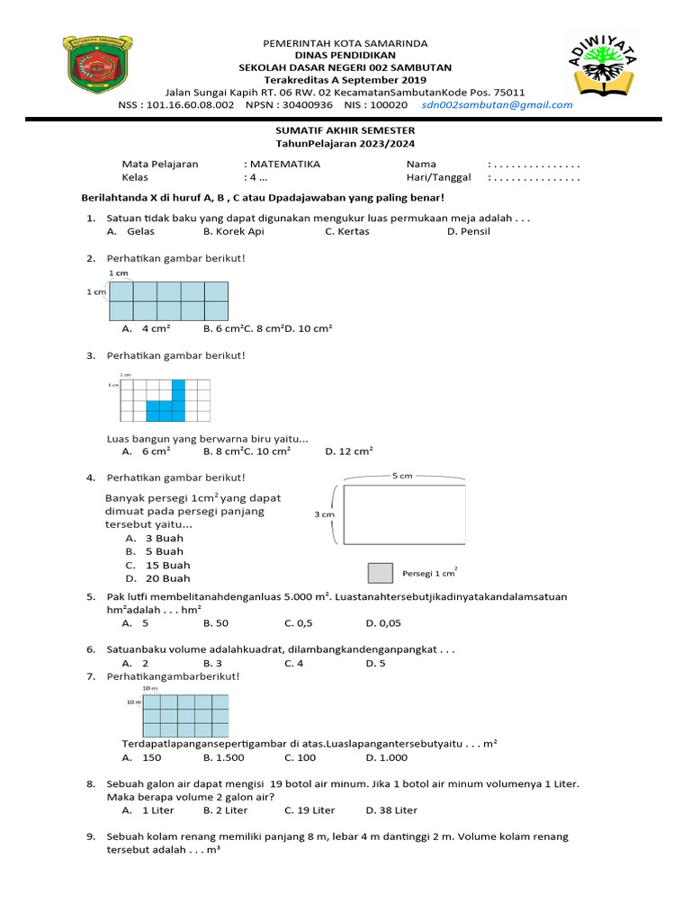 Sas Matematika Kelas 4 Semester GENAP 2024 | PDF