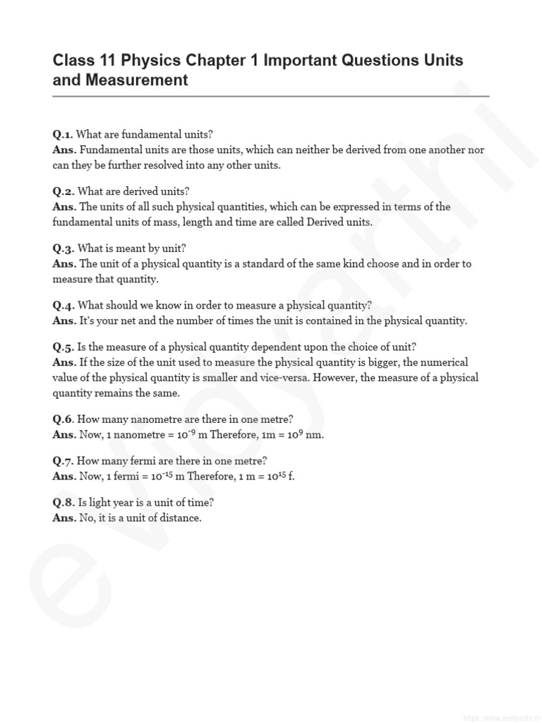 Important Question Class 11 Physics Chapter 1 | PDF