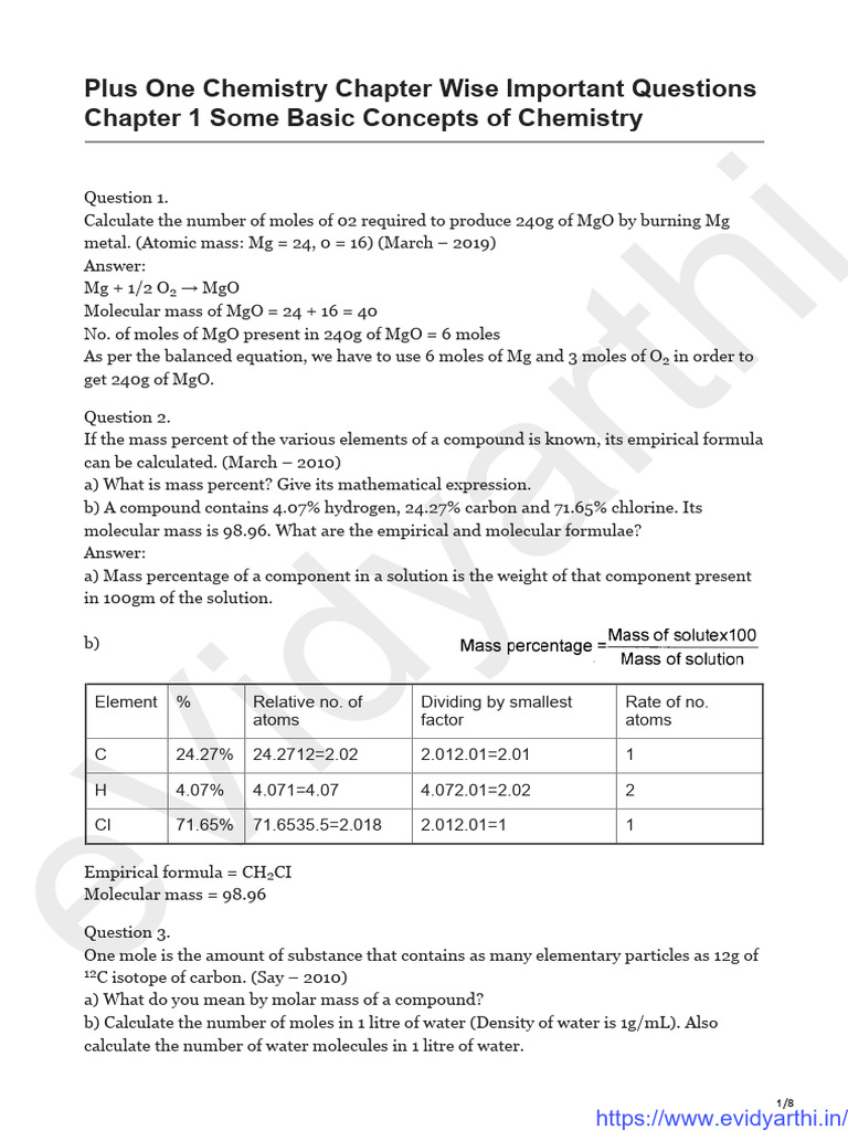 Class 11 Chapter 1 Chemistry Important Questions | PDF | Mole (Unit) | Molecules