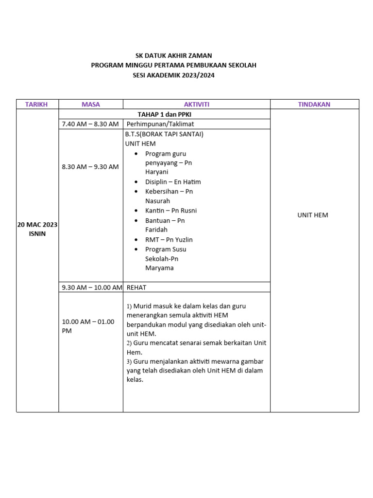 Program Minggu Pertama Pembukaan Sekolah Sesi Akademik 2023 | PDF