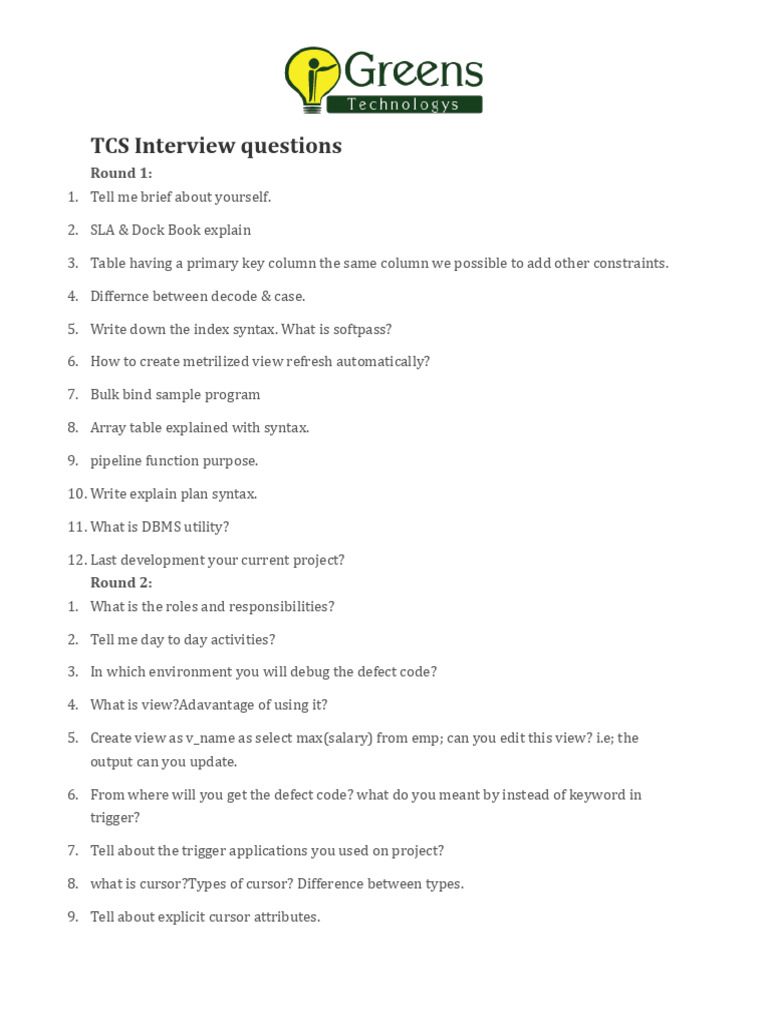 TCS Interview Questions | PDF | Data | Computer Science
